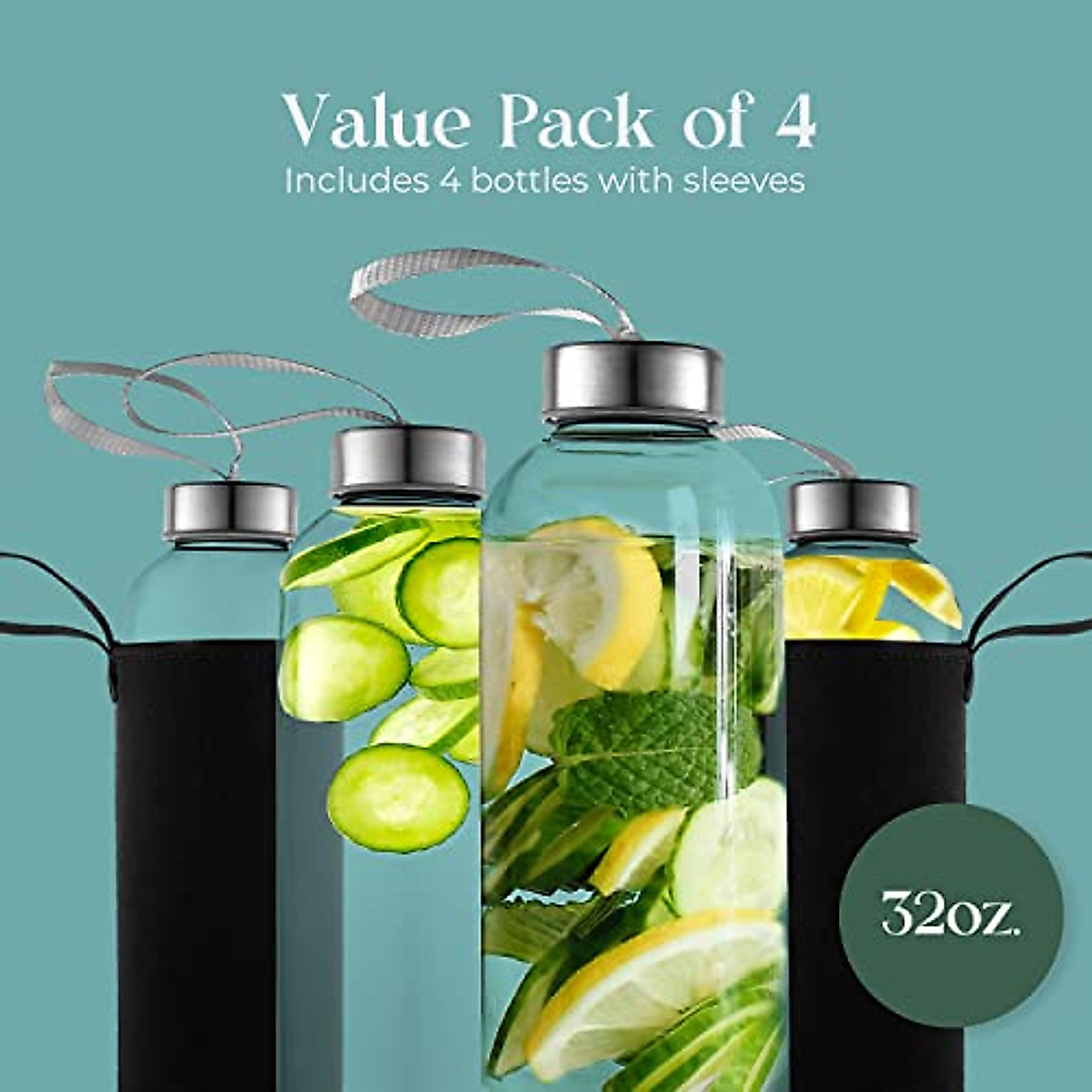 Kitchen Lux 32 oz Glass Water Bottle Set of 4 - Glass Water Bottles Caps & Sleeve, Reusable Glass Bottle Lids, Clear Glass Bottles, Refillable Glass Juice Bottles for Juicing, Juicer Bottles
