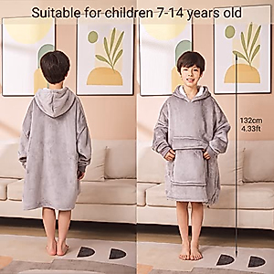 Blanket Hoodie Kids, Oversized Wearable Blanket Sweatshirt with Hood Pocket&Sleeves, Soft Thick Flannel Sherpa Hooded Blanket for Teens Boys Girls