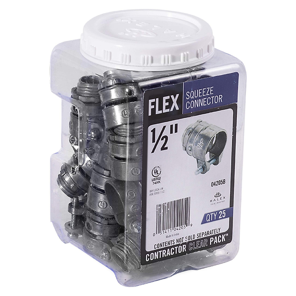 Halex – ½ Inch Flexible Metal Conduit (FMC) Squeeze Connector – 04205B – 25 Per Pack – Silver