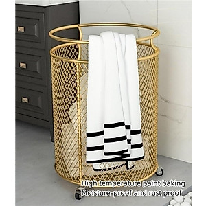 ZYHYZLF Metal Laundry Hamper with Wheels, Laundry Basket, Round Mesh Dirty Clothes Hamper, Laundry Basket Storage for Bathroom Laundry Room Living Room Bedroom or Balcony(Gold)