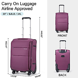 Hanke 20" Softside Expandable Carry on Luggage with Spinner Wheels, Lightweight upright Suitcase with TSA Lock,Rolling Travel Luggage for Woman Man,20-Inch(Purple)