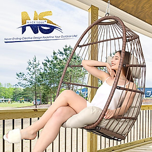 Nicesoul Outdoor Hanging Egg Chair Without Stand, Patio Wicker Swing Egg Basket Chairs with Padded Cushions, Ceiling Tree Swinging Egg-Shaped Chair No Stand for Indoor Bedroom Balcony Porch, Brown