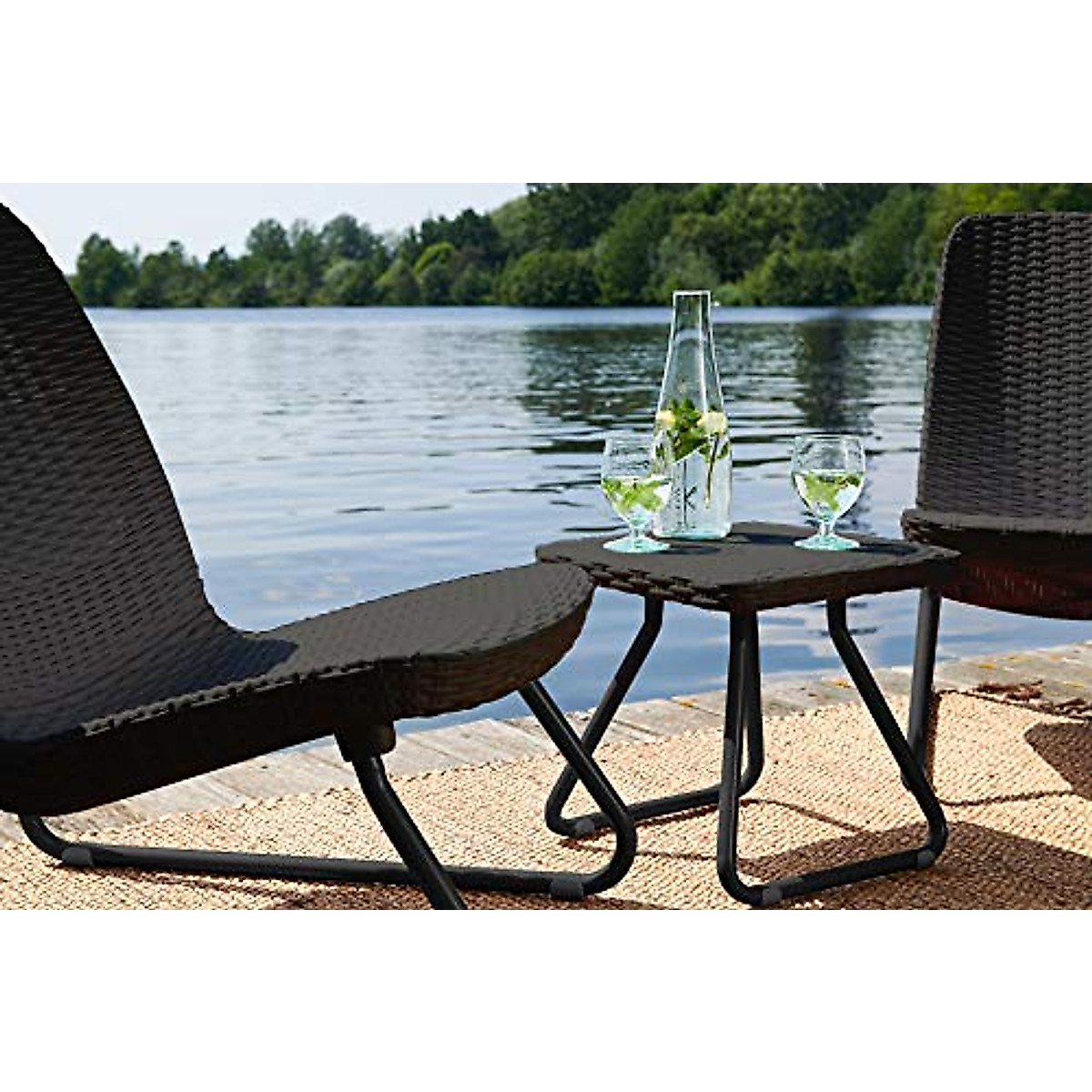Keter Resin Wicker Patio Furniture Set with Side Table and Outdoor Chairs, Dark Grey