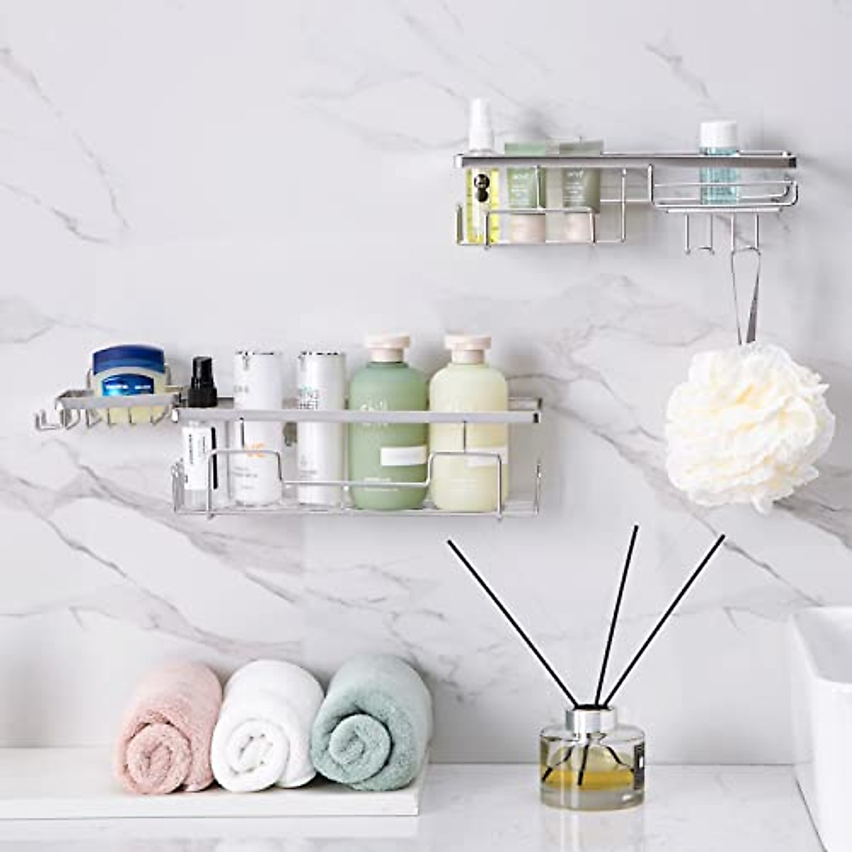 Softor 3 Pack Shower Caddy Shelf with Soap Holder and Hooks, Adhesive Shower Shelves with Waterproof Stainless Steel, No Drilling Bathroom Caddy Organizer Shower (Sliver), Silver