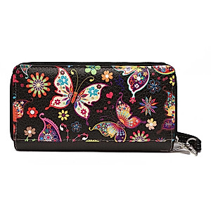 Western Style Butterfly Rhinestone Concho Studded Embroidered Floral Country Wrist Strap Women Wristlet Double Zip Wallet (Black2)