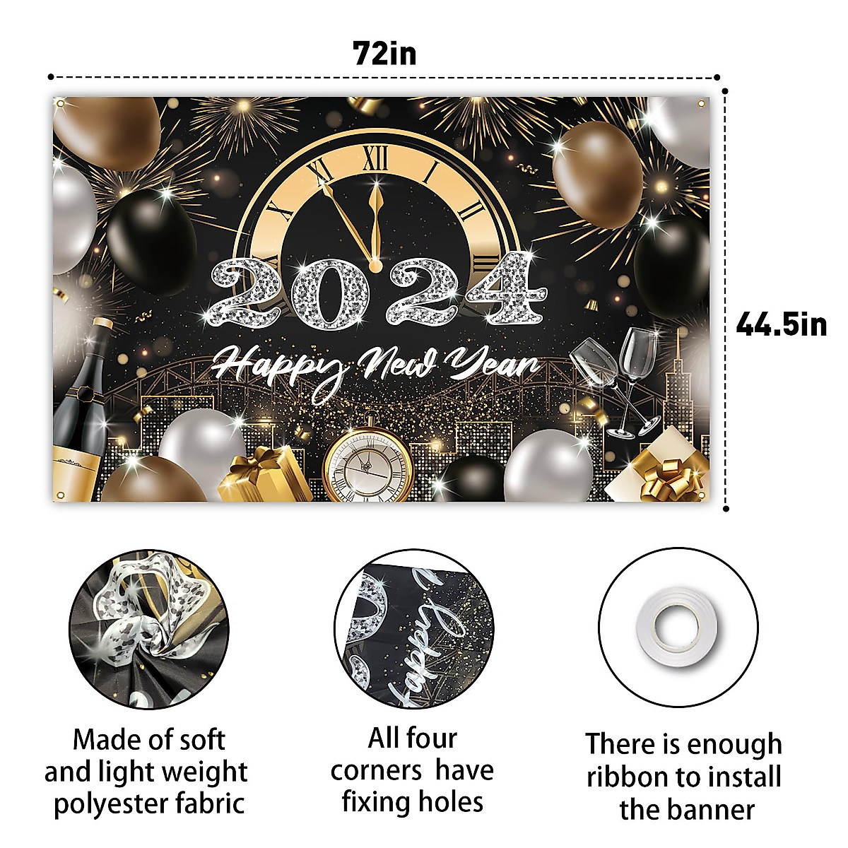 Happy New Year 2024 Backdrop Banner,Cheers to 2024 New Years Banner Decorations,New Years Eve Photography Backdrops 6x4ft
