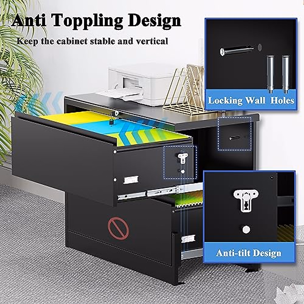 Hak 2 Drawer Lateral File Cabinet with Lock, Black Metal Filing Cabinet for Home Office, Locking Office File Cabinet for Hanging Files Letter/Legal/F4/A4 Size