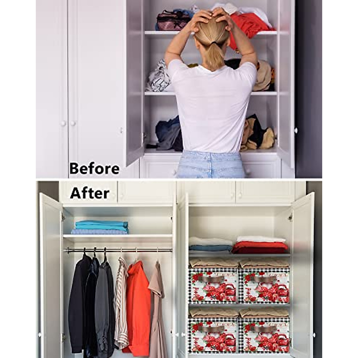 Valentine Large Storage Baskets Bins Waterproof Fabric, Saint Truck Red Rose Boho Farmhouse Plaid Rectangular Storage Box for Shelf Closet Organizer ( 2 Pack)