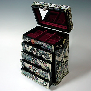 Antique Alive Mother of Pearl Inlay Design Jewelry Box, Wood Jewelry Box, Trinket Case, Keepsake Treasure Chest Box Organizer Holder (Pine Black)