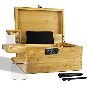 Viking Factory Large Bamboo Box with Combination Lock Decorative Box for Home Locking Storage Box -Premium Removable Tray, With Glass Jar