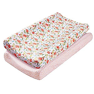 Changing Pad Covers, LNGLAT 2-Pack Cotton Cradle Sheets for Baby Girls, Fit Standard Contoured Ultra Soft Cozy Changing Table Pads