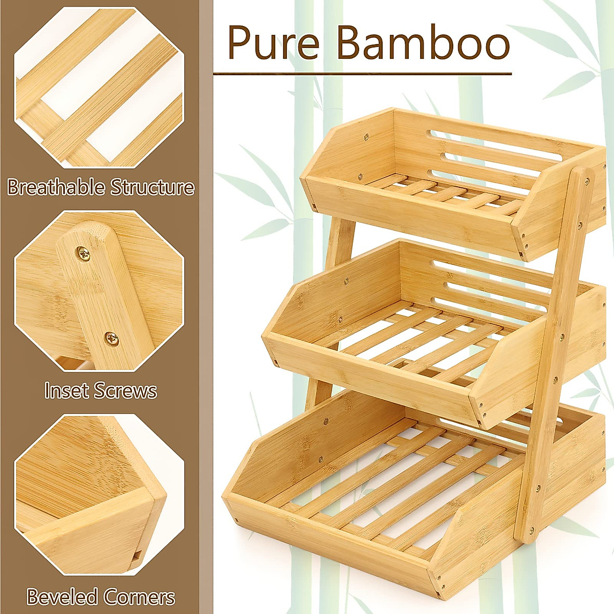 Mxbamhyc Bamboo Fruit Basket,3-Tier Fruit Bowl for Kitchen Counter, Large Capacity Vegetable Storage Holder,15 mm Thickness