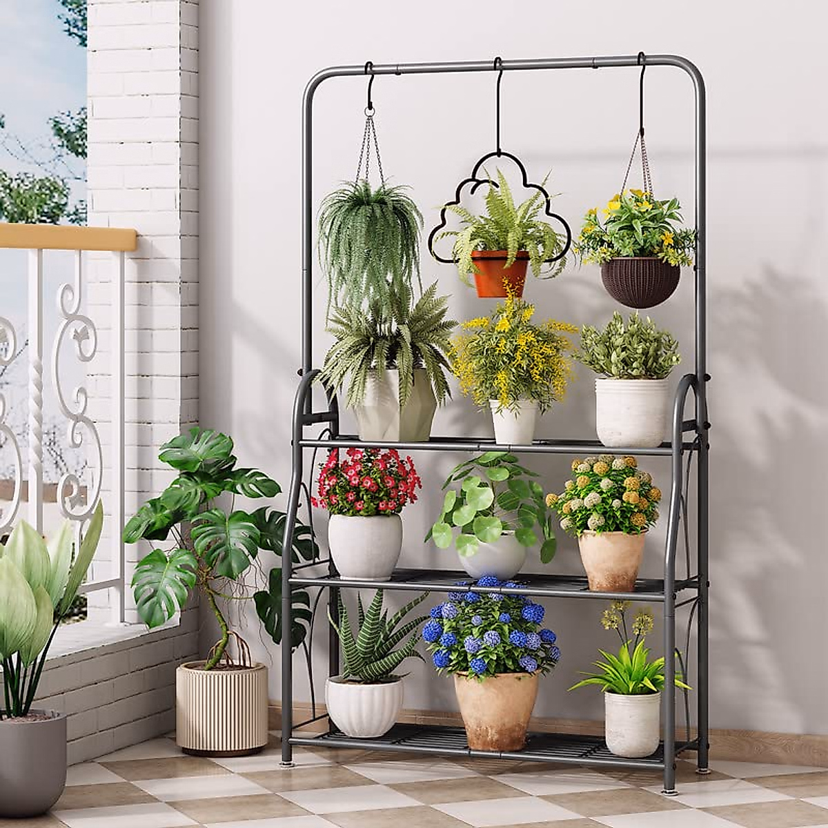 SORCEDAS Plant Stand 3 Tier Indoor Outdoor Tall Corner Hanging Plant Shelf Metal Flower Stands Ladder Plant Holder for Room Balcony Garden Patio Multiple Plants, Dark Grey