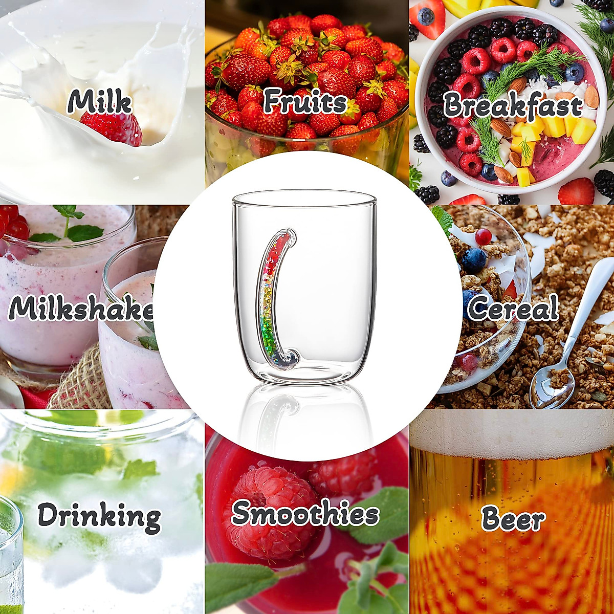 Aquach Large Glass Mug Set of 2, 24 oz. Each, Ultra Large Capacity with Handle Clear Glass Drink Cup, Cereal Cup