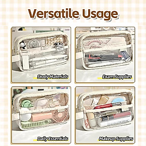 MILLEVIBE ITA Pencil Pouch, Large Capacity Office Pen Case with 5 Compartments & Clear Window & Handle, Portable Organizer Bag for Adults (Beige+4 Highlighters)