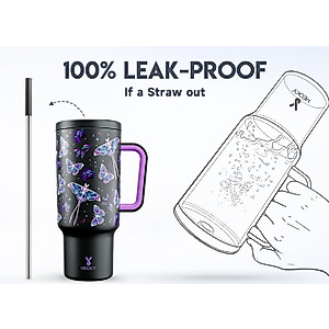 Meoky 40 oz Glow in the Dark Tumbler with Handle and Straw, Tumbler with Lid and Straw, Insulated Stainless Steel Travel Mug, 100% Leak-proof, Keeps Cold for 34 Hours (Butterfly)
