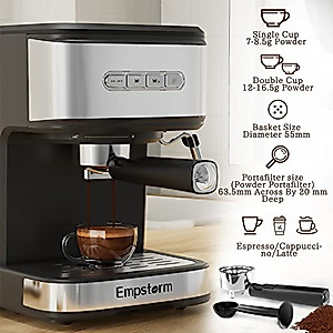 Espresso Machine 20 Bar Pump Pressure, Cappuccino Coffee Maker with Milk Foaming Steam Wand for Latte, Mocha, Cappuccino, with 2 in 1 Powder and Capsule Portafilter, Removable 1.5L Water Tank
