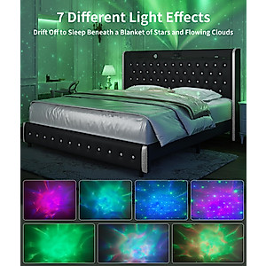 Queen Modern Wingback Upholstered Platform Bed Frame with Galaxy Projector, LED Bed Frame, Sturdy Noise Free Design, Headboard with Star Accents, Easy Assembly, No Box Spring Needed, PU Black