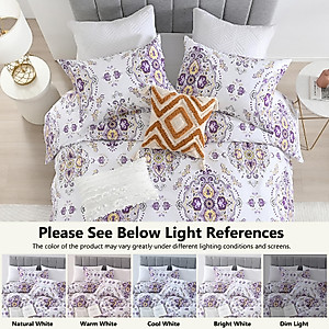 DUOMING Cotton Duvet Cover King - 100% Cotton Soft 3 Pieces Damask Duvet Cover, White and Purple Floral King Duvet Cover Set, Medallion Duvet Cover King with Zipper Closure & 8 Ties