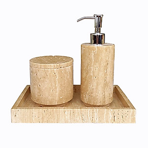 StonePlus Natural Marble Hole Stone Cosmetic Cotton Swab Sundry Small Tank Storage Box Jar with Lid (Yellow Travertine)