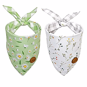 CROWNED BEAUTY Spring Summer Dog Bandanas Reversible Large 2 Pack, Floral Set, Plaid Adjustable Triangle Holiday Green Scarves for Medium Large Extra Large Dogs Pets DB34-L