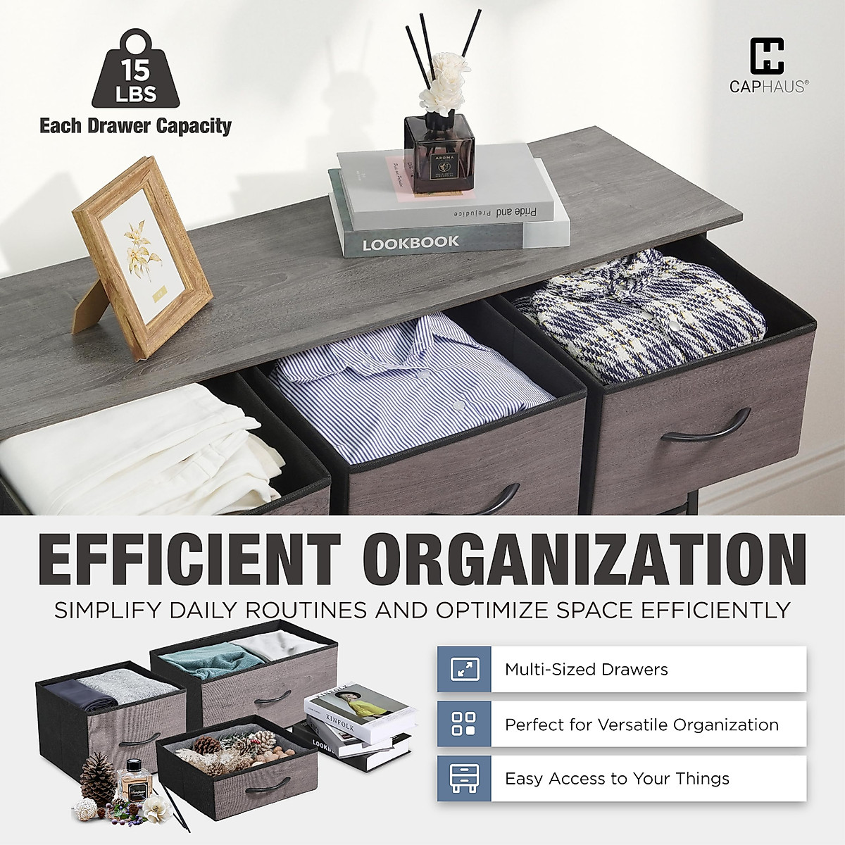 CAPHAUS Set of 2 Drawer Storage Tower w/ 2 Fabric Bins, Nightstand w/ 2 Drawers, Sorting Unit, Chest of Drawers, Organizer w/ P2 Board Top & Fabric Bins, Organizer Unit for Multi-purpose, Grey Oak