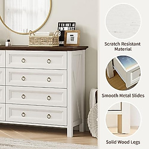 8 Drawer Dresser for Bedroom, 54" Farmhouse Dresser, Rustic Chest of Drawers, White Dresser with Barn Design, Thickened Tabletop & Round Bronze Handles, Wood Dresser for Closet, Bedroom Dressers
