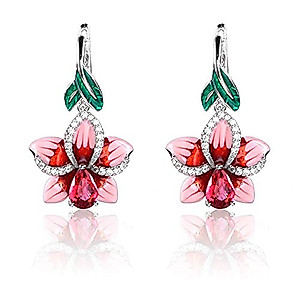 Earrings for Women Mom Fashion Women Enamel Leaf Flower Pendant Rhinestone Inlaid Leverback Earrings Statement Jewelry (Red)