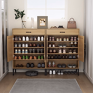 Loomie Rattan Shoe Cabinet, 5-Tiers Shoe Storage Cabinet with Doors, Storage Cabinet with Drawer & Bottom Cubby, 44.3" Tall Boho Shoe Organizer Cabinet for Entryway Hallway Closet (Natural)