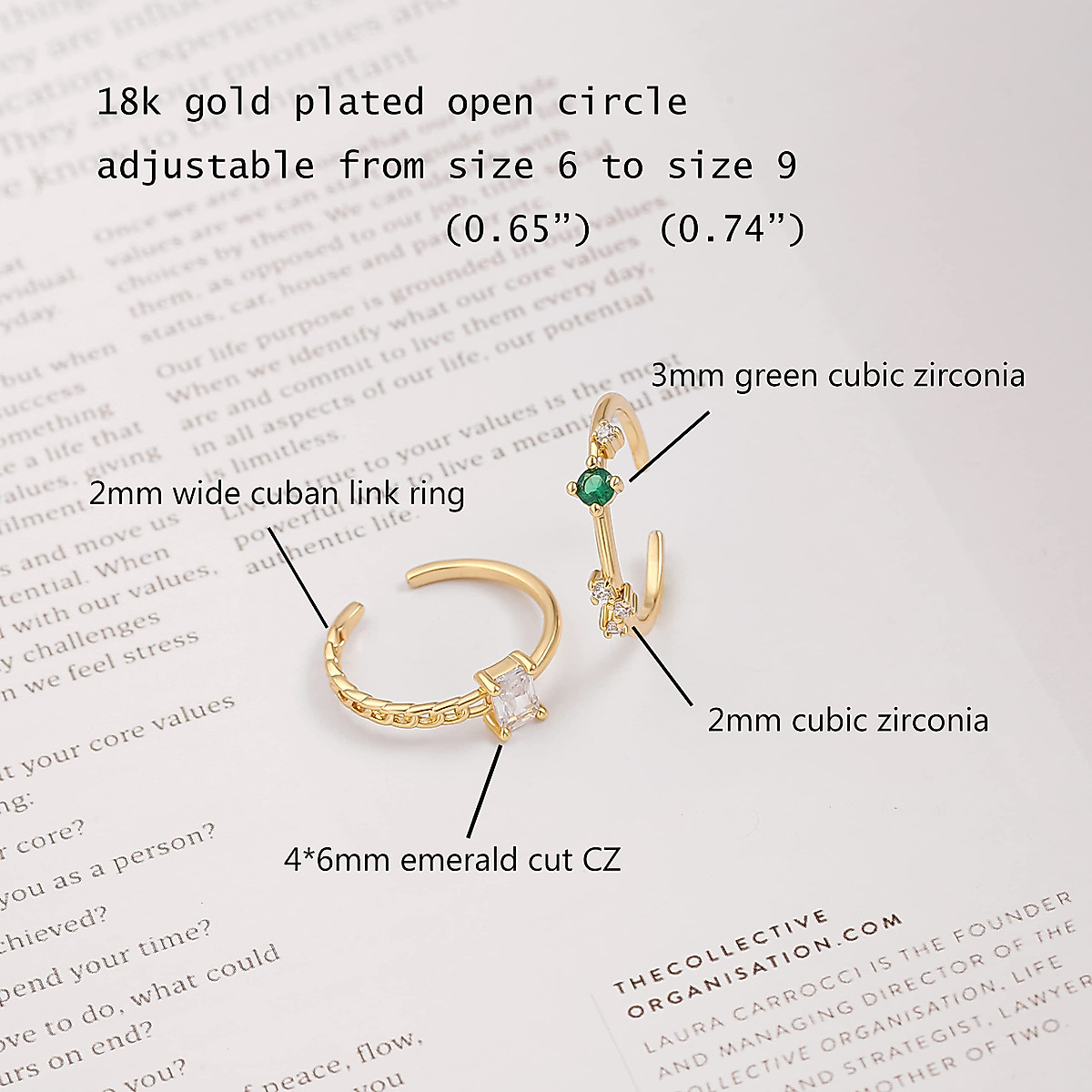 PEARLADA 18k Gold Stacking Diamond Ring Set, 2PCs Emerald-cut Cubic Zirconia Ring, Open Simple Adjustable Rings Aesthetic