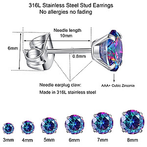 6 Pairs Stud Earrings Set, Hypoallergenic Cubic Zirconia Earrings 316L Stainless Steel CZ Earrings 3-8mm (Rainbow CZ)