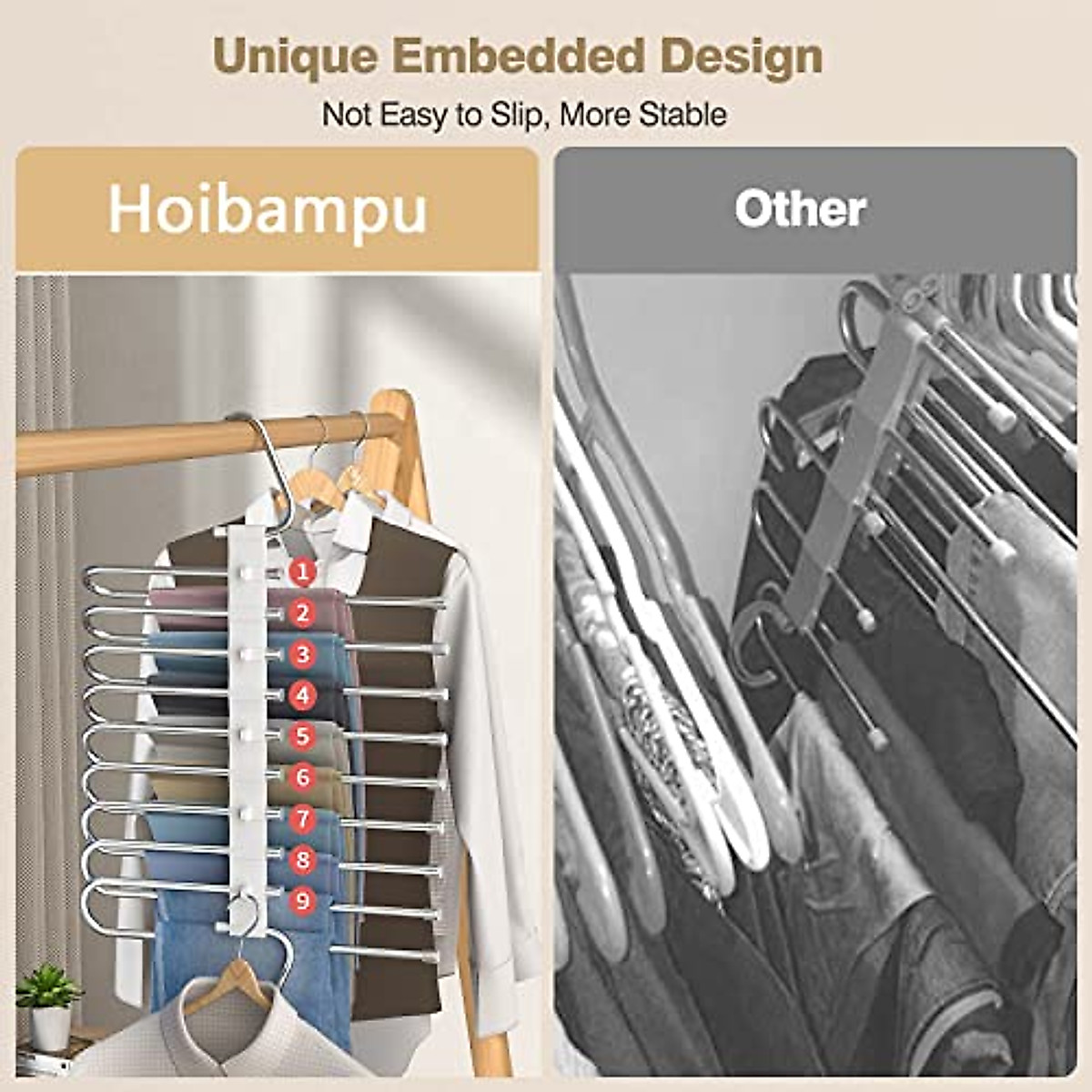 Hoibampu 2 Pcs Upgrade 9 Layers Pants Hangers Space Saving - Hangers for Clothes Hanger Organizer - Jean Hangers Pants Rack Scarf Hanger Closet Space Saving Scarf Organizer