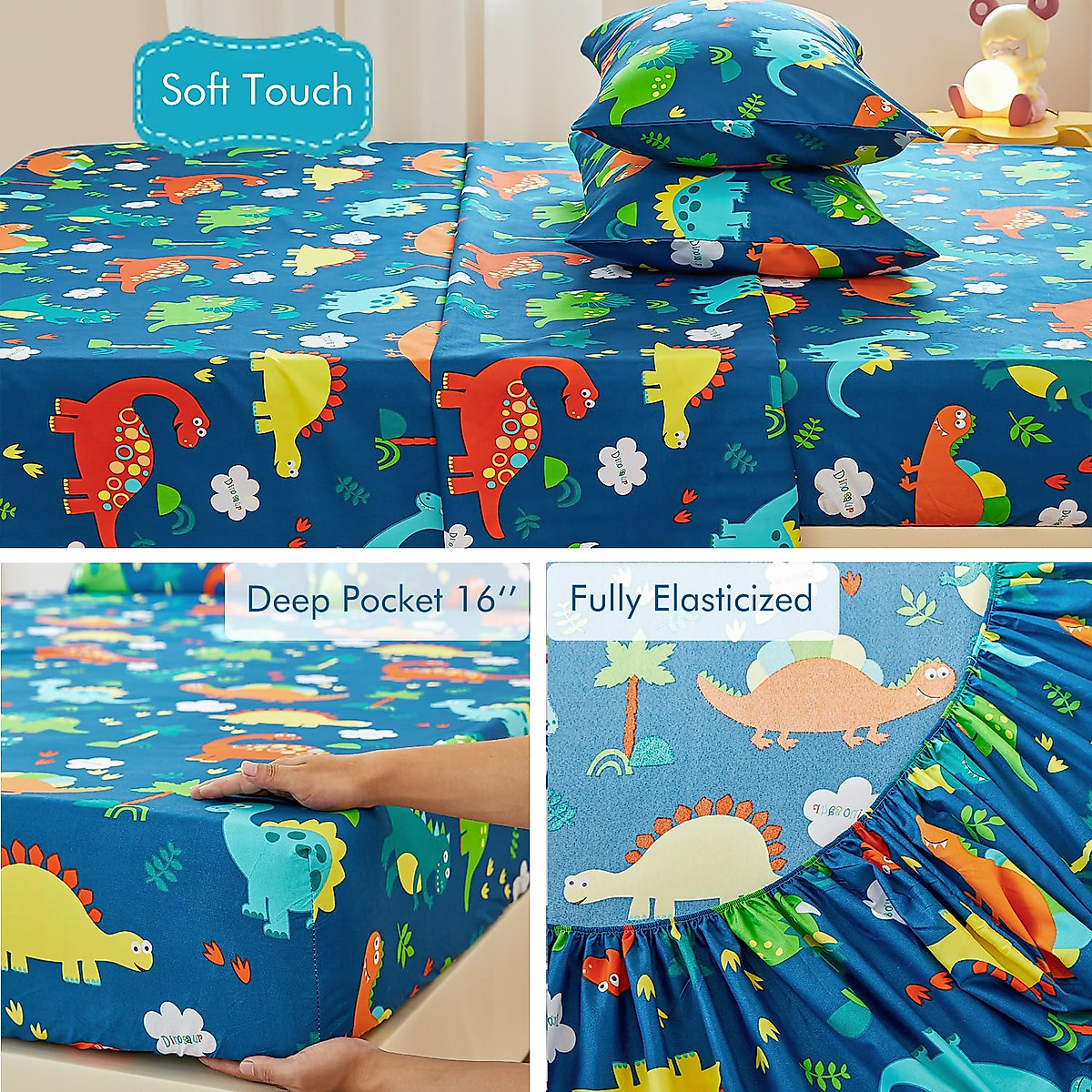 WINLIFE Dinosaur Sheet Set Twin for Boys 3 Piece - Soft Cozy Microfiber Twin Size Kids Sheets - Cartoon Dino Sheets for Twin Bed - Deep Pocket 16 Inches Teen Bed Sheets for Children, Navy