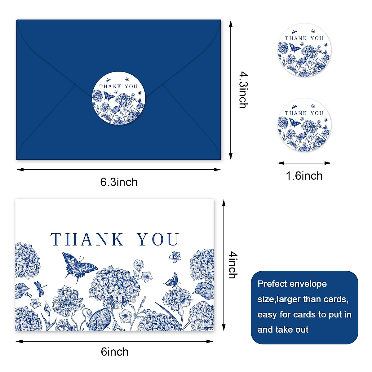 Whaline 24Pcs Blue Floral Thank You Cards with Envelopes and Stickers Blue Flower Butterfly Greeting Cards Vintage Blank Note Cards for Wedding Bridal Baby Shower
