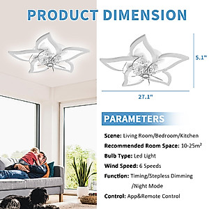 GooComfy Dimmable Ceiling Fan with Light and Remote Control, 27" Small Flush Mounted Ceiling Fan with Led Lights, APP and Remote Controlled, Modern, White, Upgraded