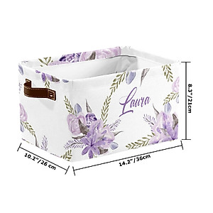 Purple Flower Personalized Custom Text Storage Bins with Handles Shelves Closet Storage Box 2 Pack