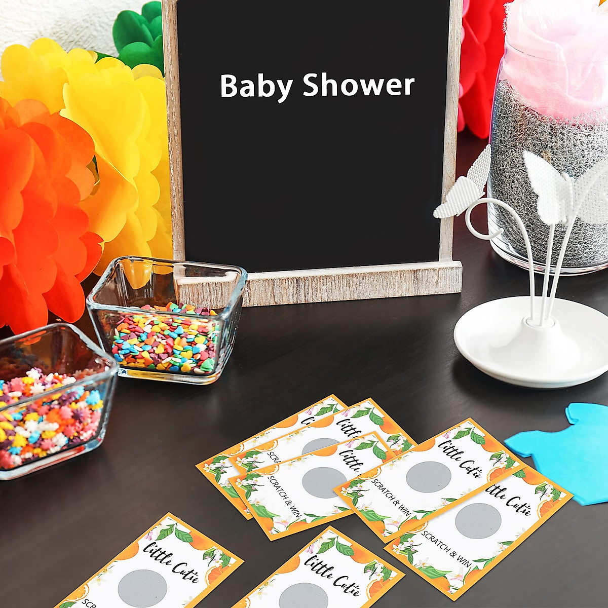 Minatee 60 Pack Little Cutie Scratch Off Cards Little Cutie Baby Shower Games Orange Theme Scratch Off Cards for Little Cutie Baby Shower Birthday Party Supplies