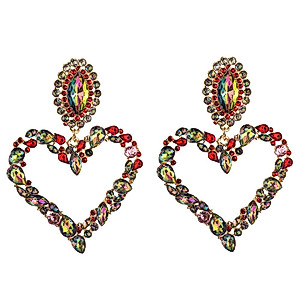 Xerling Large Heart Rhinestone Crystal Dangle Earrings Statement Drop Earrings for Women Girls Brides Love Heart Stud Earrings (Colorful)