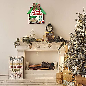 KIMOBER Lighted Merry Christmas Hanging Sign,Battery Operated Rustic Wooden Cabin Hanging Xmas Sign for Front Door Outdoor Indoor Decorations