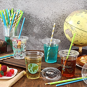 Sliner 60 Pcs Adventure Awaits Party Cups 12 oz Voyage Party Tableware Plastic Cups with Lids and Paper Straws for World Travel Themed Birthday Graduation Baby Shower Party Supplies 60 Guests