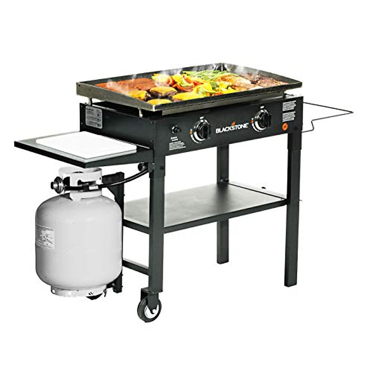 Blackstone 1853 Flat Top Gas Grill 2 Burner Propane Fuelled Rear Grease Management System 28” Outdoor Griddle Station for Camping with Built in Cutting Board and Garbage Holder, 28 Inch, Black