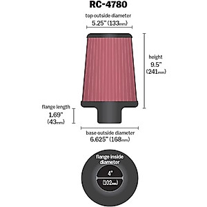K&N Universal Clamp-On Air Intake Filter: High Performance, Premium, Washable, Replacement Filter: Flange Diameter: 4 In, Filter Height: 9.5 In, Flange Length: 1.6875 In, Shape: Round Tapered, RC-4780