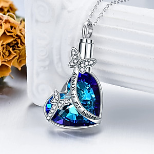 MONGAS Cremation Jewelry Crystal Butterfly Urn Necklace for Ashes Sterling Silver You Are Always In My Heart Remembrance Condolence Gift For Loss Memorial Human Female Ash Holder Necklace