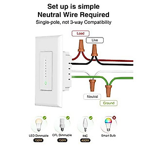 GHome Smart Smart Dimmer Switch Work with Alexa Google Home, Neutral Wire Required 2.4GHz Wi-Fi Switch for Dimming LED CFL INC Light Bulbs, Single Pole, UL Certified, No Hub Required, 1Pack