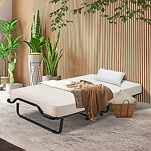 GOFLAME Folding Bed with Memory Foam Mattress, Portable Rollaway Guest Bed with Heavy-Duty Steel Frame & Rolling Casters, Sleeper Bed Cot Size for Adults & Kids, Dustproof Cover Included