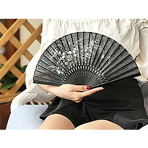 OMyTea Folding Hand Fan for Women - Foldable Japanese Chinese Oriental Vintage Retro Bamboo Silk Fan - for Church, Decoration, Hot Flash, Dance, Performance, Party, Gift (Black Grassflowers)