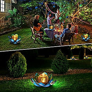 AIINY Solar Light Outdoor(2Pack), Art Crackle Globe Glass Lotus Decoration, Solar LED Waterproof Blue Metal Flower Lights for Patio,Lawn,Walkway,Tabletop