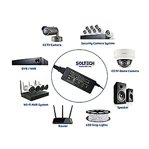 SOLTECH 12V 5A CCTV Adapter, Wisenet Compatible Security Camera Power Supply with 8-Way Splitter, AC DC Converter 100-240V to 12V 5A 60W Transformer, with Samsung Wisenet, Night Owl, Q-See, Black