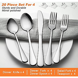 CIYOUTTO Silverware Set Flatware set ,20-Piece Service for 4,Kitchen Eating Utensils Set Stainless Steel Tableware Cutlery, Includes Dinner Knife/Fork/Spoon/Teaspoon/Salad Fork (Silver)