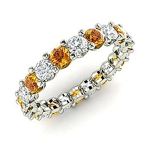 2 1/2 CT Round Shape Simulated Orange Citrine & White Cubic Zirconia Eternity Wedding Engagement Band Ring in 14K White Gold Plated 925 Sterling Silver (2.50 Cttw) Ring Size - 6